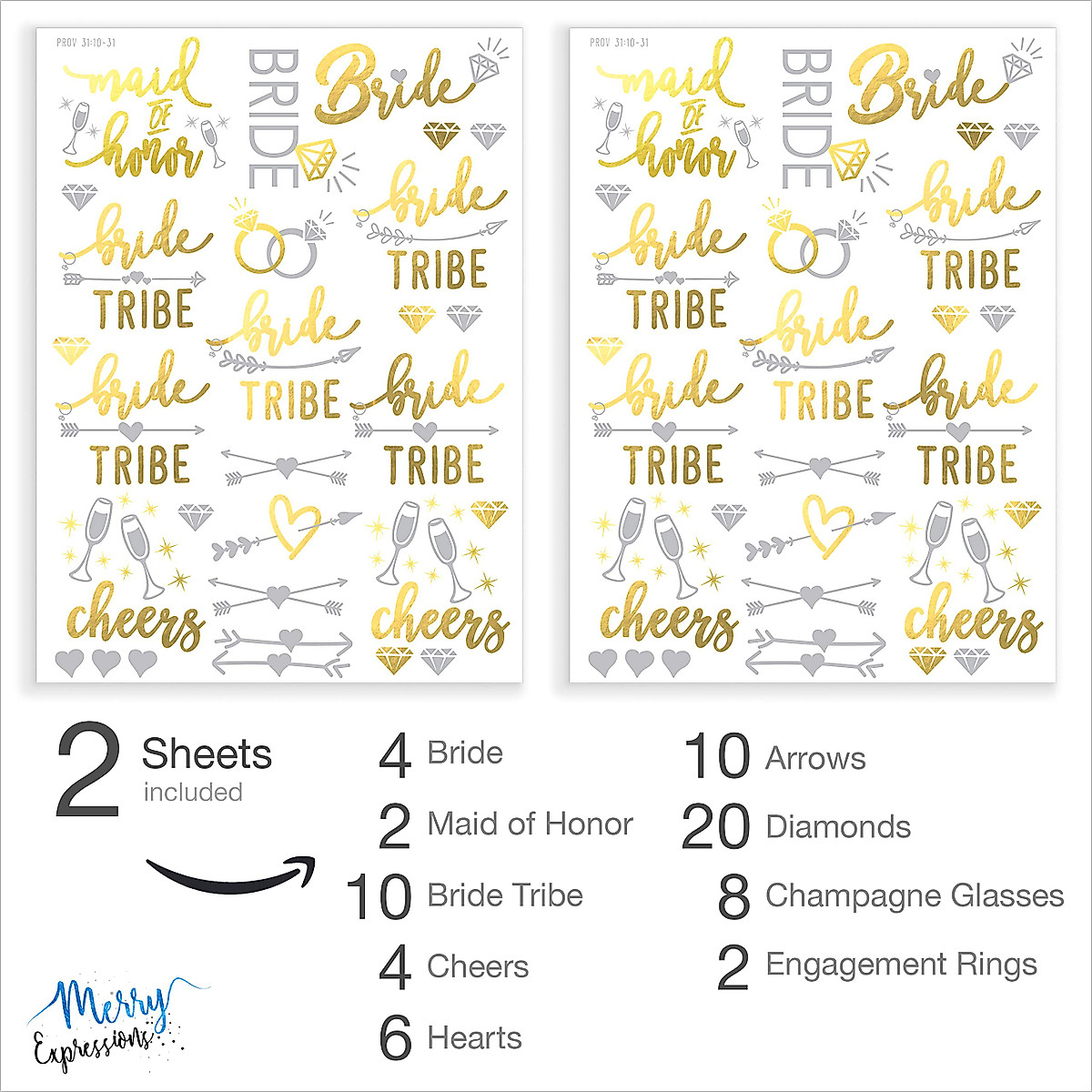 Bachelorette Party Tattoos - 120+ Metallic Gold & Silver Sweat & Water Resistant Tats - Bachelorette Party Decorations For Bridesmaids, Maid Of Honor & Bride Tribe by Merry Expressions
