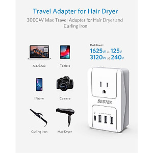 BESTEK International Travel Adapter, 3000W Converter Travel Adapter for Hair Dryer, Curling Iron USB Travel Wall Charger with Worldwide Wall Plugs for US, UK, AU, EU and Asia (PD30W,1004, White)