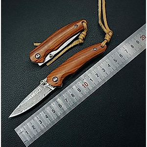 KUNSON Folding Pocket Knife 2.6” Damascus Steel Blade and Natural Classic Red Sandalwood Handle Design, Outdoor EDC Portable Carry Keychain Knife