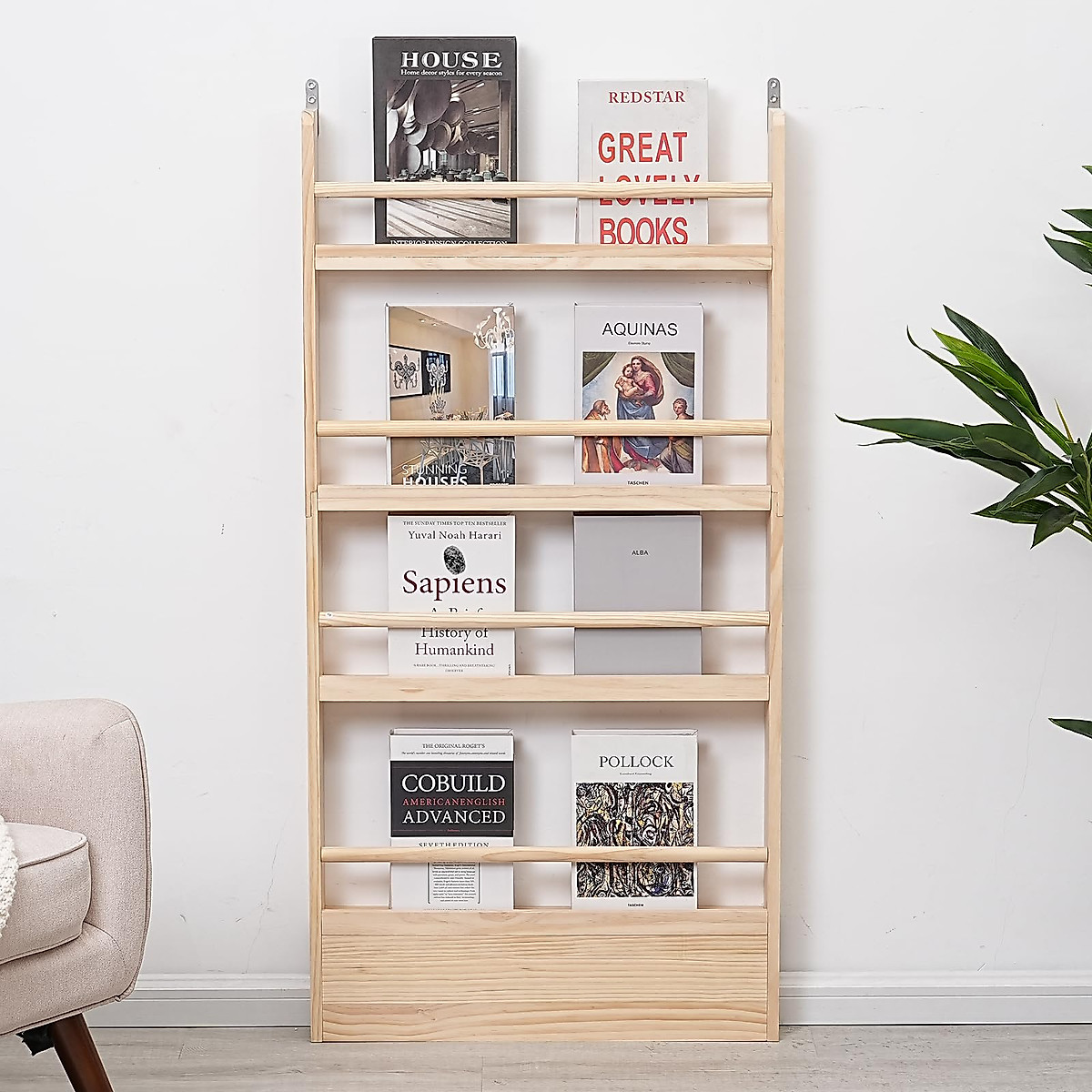 SweetBin Kids Bookshelf 4-Tier - Space-Saving Behind The Door Storage Shelf - Pine Wood Thin Bookshelf 4 Shelves Wall Mounted - Suitable for Children's Books in Bedroom, Living Room and Nursery