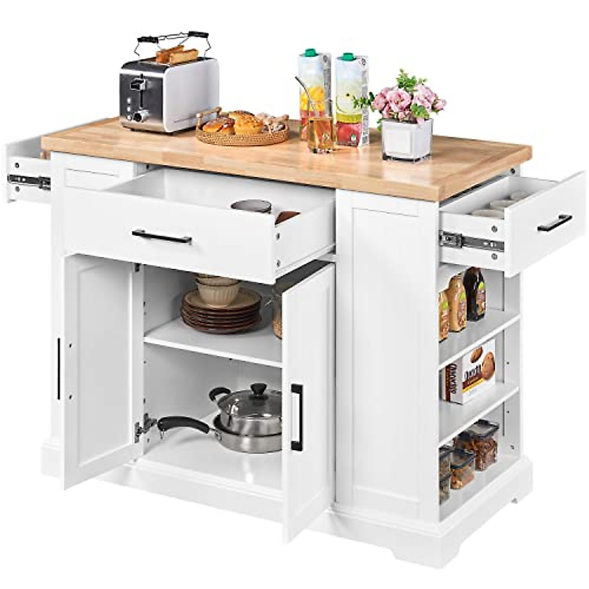 Yaheetech Rolling Kitchen Island Cart with 3 Drawers, Kitchen Storage Cabinet on Wheels with Open Shelves and Inner Adjustable Shelves for Dinning Room/Living Room, Thicker Rubberwood Top, White