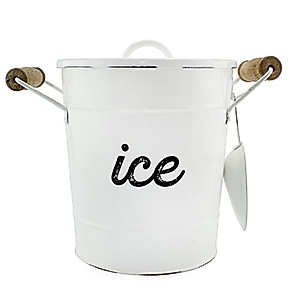 AuldHome Rustic Enamelware Ice Bucket; White Farmhouse Style Insulated Ice Server