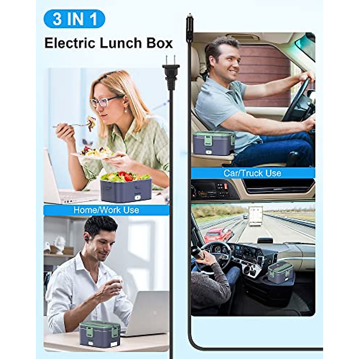 Dosevita Electric Lunch Box for Adults, 1.8 Large Heated Lunch Box, Faster Heating 3 in 1 Lunch Box Warmer Portable for Work/Car/Truck with Spoon & Fork, Carry Bag and 2 Cleaning Sponges