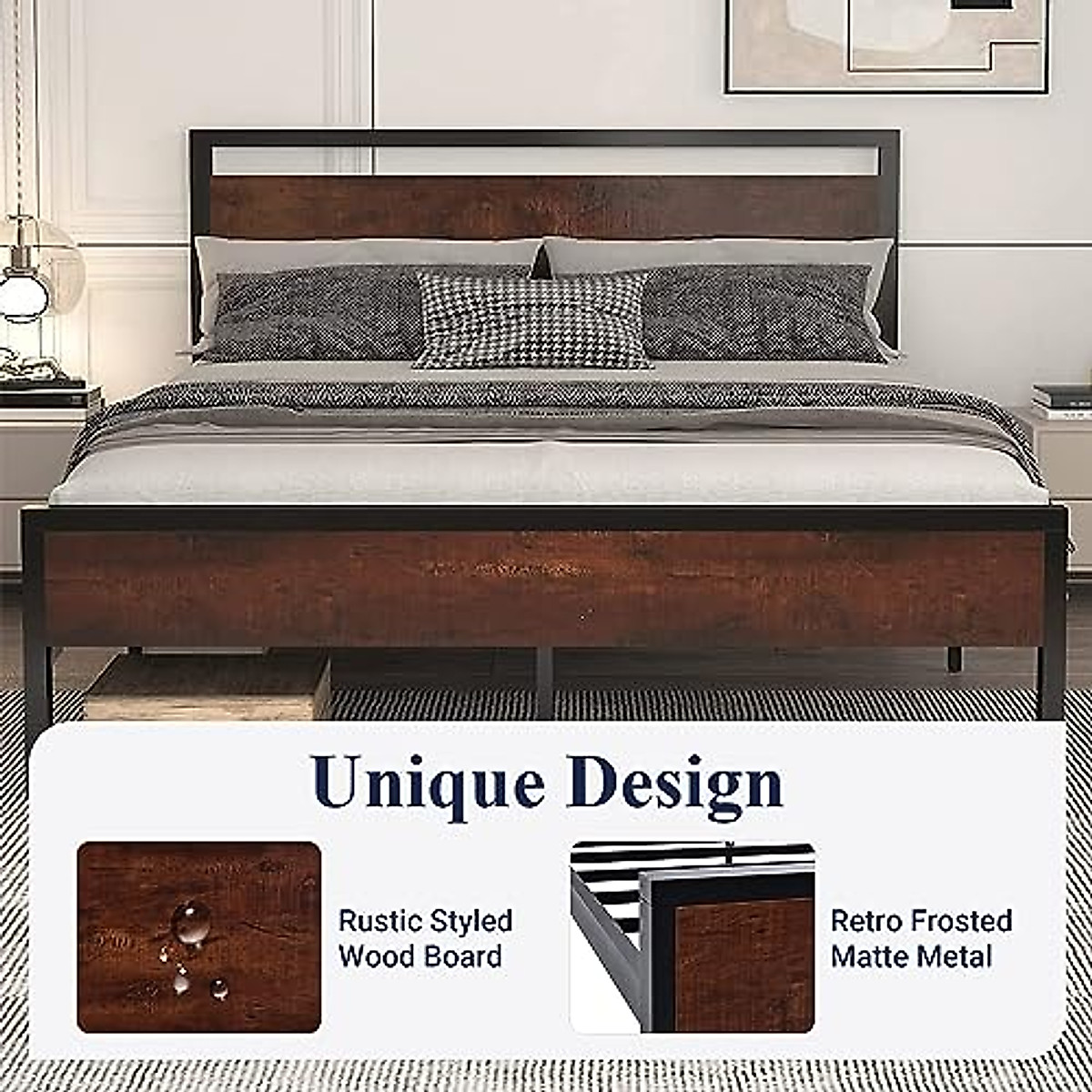 Allewie Full Size Platform Bed Frame with Wooden Headboard and Footboard, Heavy Duty 12 Metal Slats Support, No Box Spring Needed, Under Bed Storage, Non-Slip, Noise Free, Easy Assembly, Mahogany