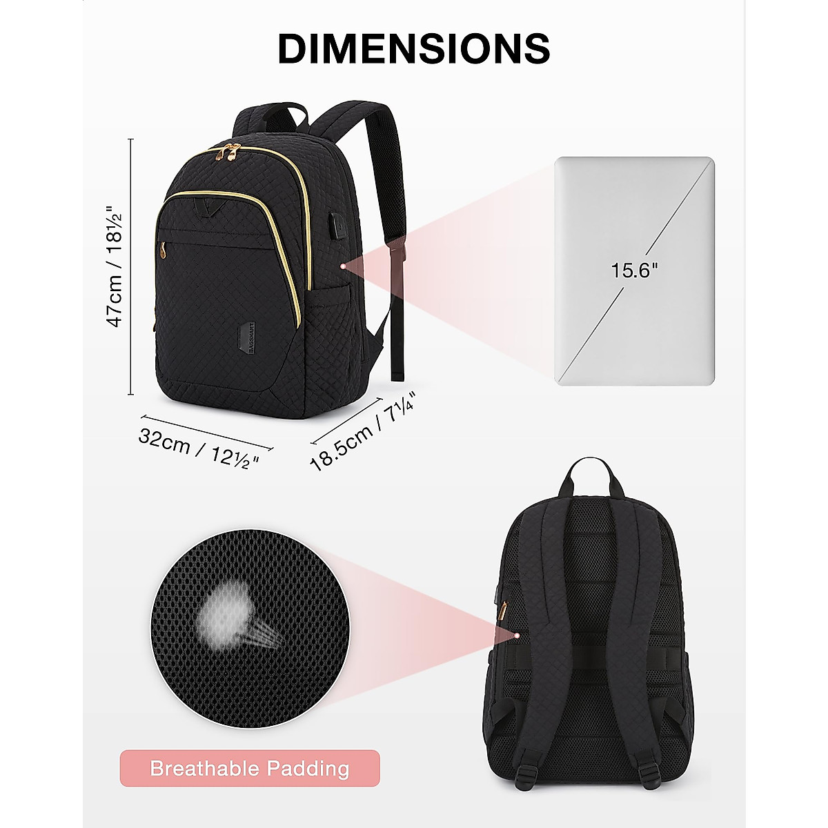 BAGSMART Laptop Backpack for Women Travel Backpack 15.6 Inch Computer Back Pack with USB Charging Port School Bookbag for College Work Business, Black