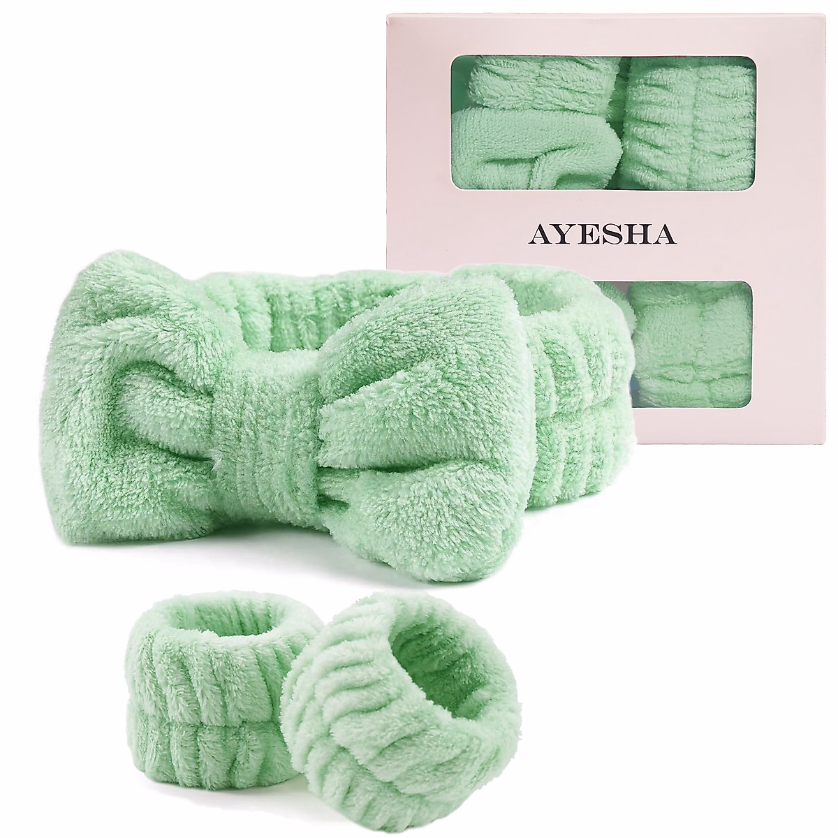 Ayesha Green Spa Headband and Wristband Set for Skincare Makeup Headband Wrist Cuffs for Washing Face Bubble Skincare Hairband for Women Girls