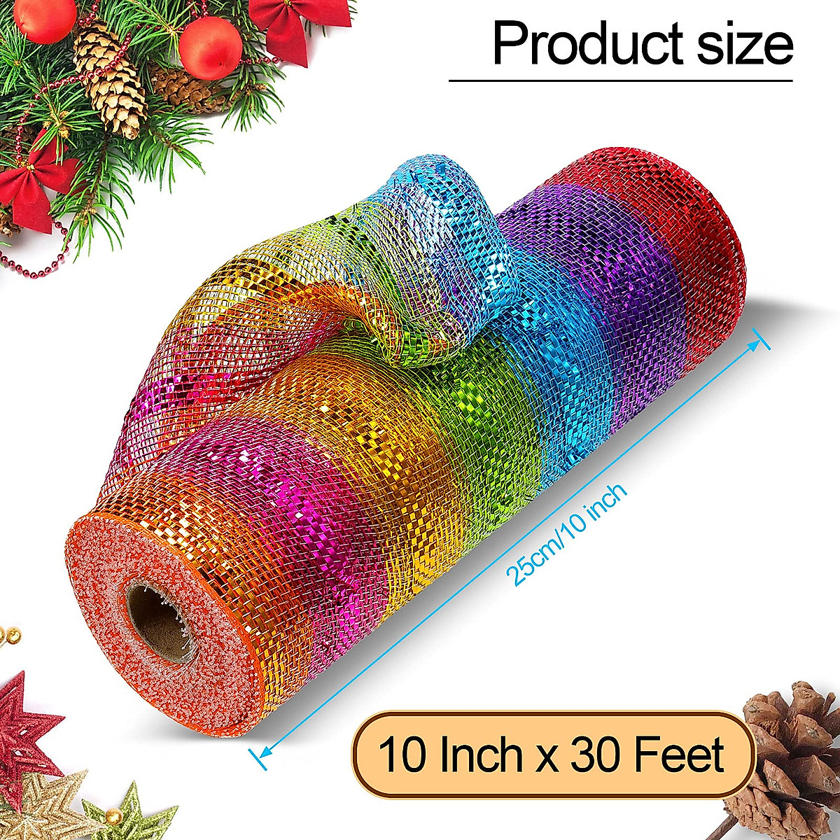 Christmas Deco Mesh Wreath Supplies Deco Mesh 10 Inch Ribbon Poly Mesh Ribbon Colorful Metallic Mesh Ribbon for Christmas Tree Party Wedding Garland,10 Inch x 30 Feet (2 Rolls)