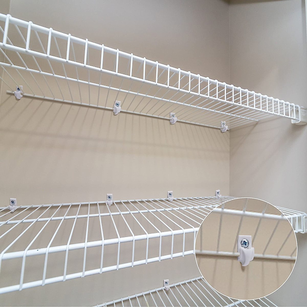 40 Pcs White Down Wall Clips- Wire Shelf Brackets Loop Clips- Closet Maid Support Brackets- Plastic Closet Shelves Clips Screws and Expansion Tubes for Wire Shelving