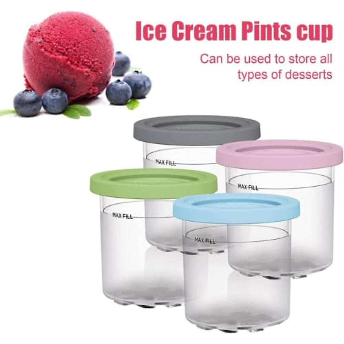 TYWAG 2/4Pcs Ice Cream Pints Cup, Ice Cream Containers with Lids for Ninja Creami Pints, Safe & Leak Proof Ice Cream Pints Kitchen Accessories for NC301 NC300 Series Ice Cream Maker (Pink+Grey)