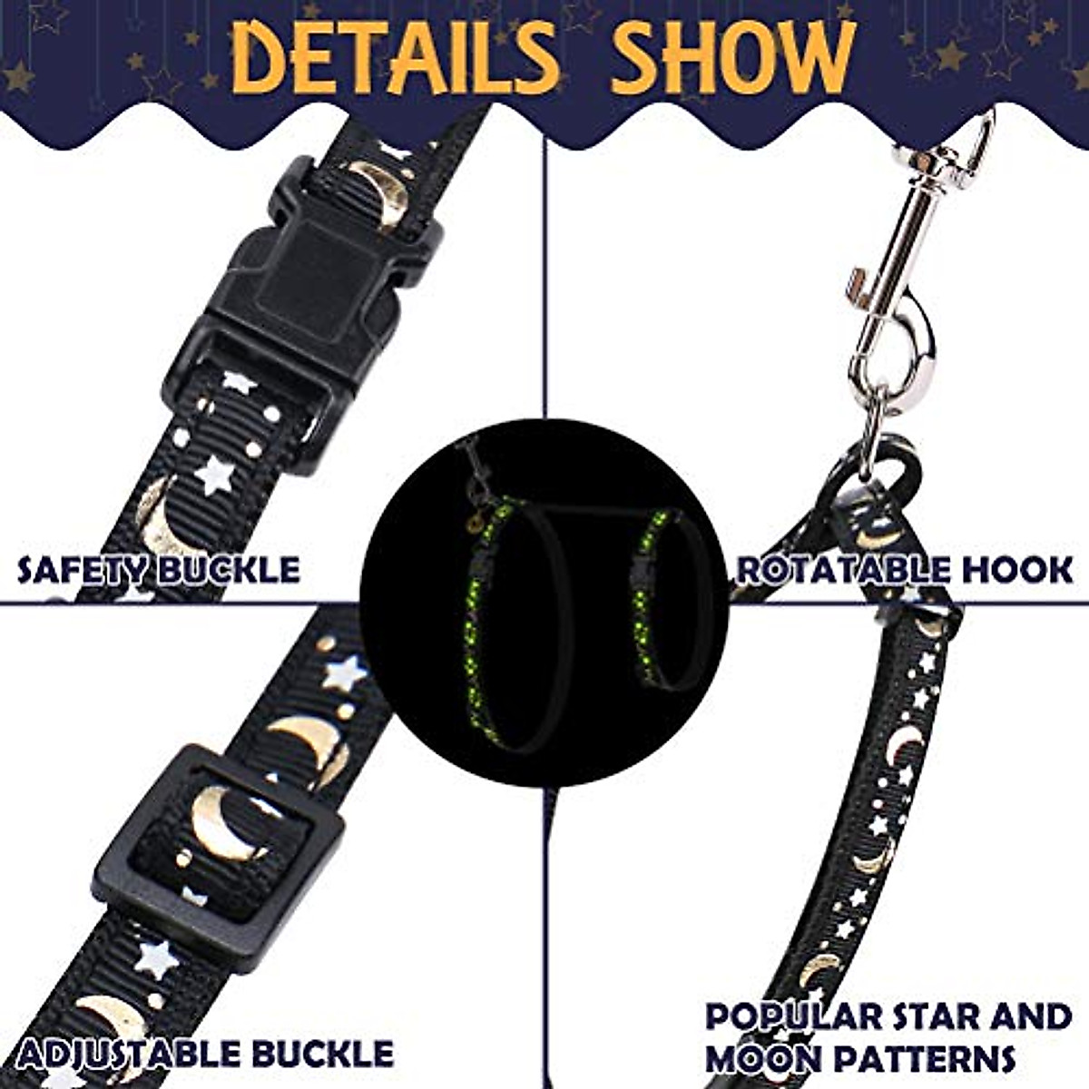 PAWCHIE Cat Harness and Leash Set - Adjustable Soft Escape Proof H-shped Safety Strap with Golden Moon and Star Pattern Glow in The Dark for Pet Cats Outdoor Walking