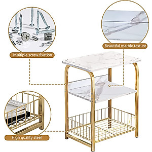 Garden 4 you End Table 2PC Side Table 3 Tiers White Marble Nightstand Industrial Retro Storage Shelf for Living Room Bedroom Kitchen Family and Office,Stable Wood and Metal Frame