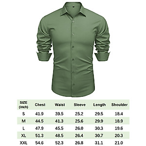 URRU Men's Muscle Dress Shirts Slim Fit Stretch Long Sleeve Casual Button Down Shirts Army Green L
