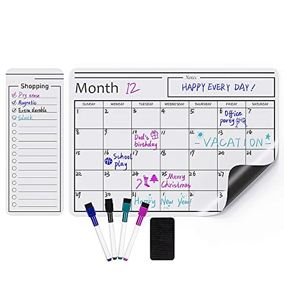 Amazon Basics Magnetic Dry Erase Whiteboard Calendar, 12" x 17", Includes 4 markers and eraser