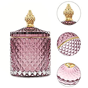 VICASKY Glass Qtip Holder Crystal Diamond Faceted Round Jar Bucket with Lid Cotton Swab Dispenser Buffet Candy Container for Home Kitchen Bedroom Purple