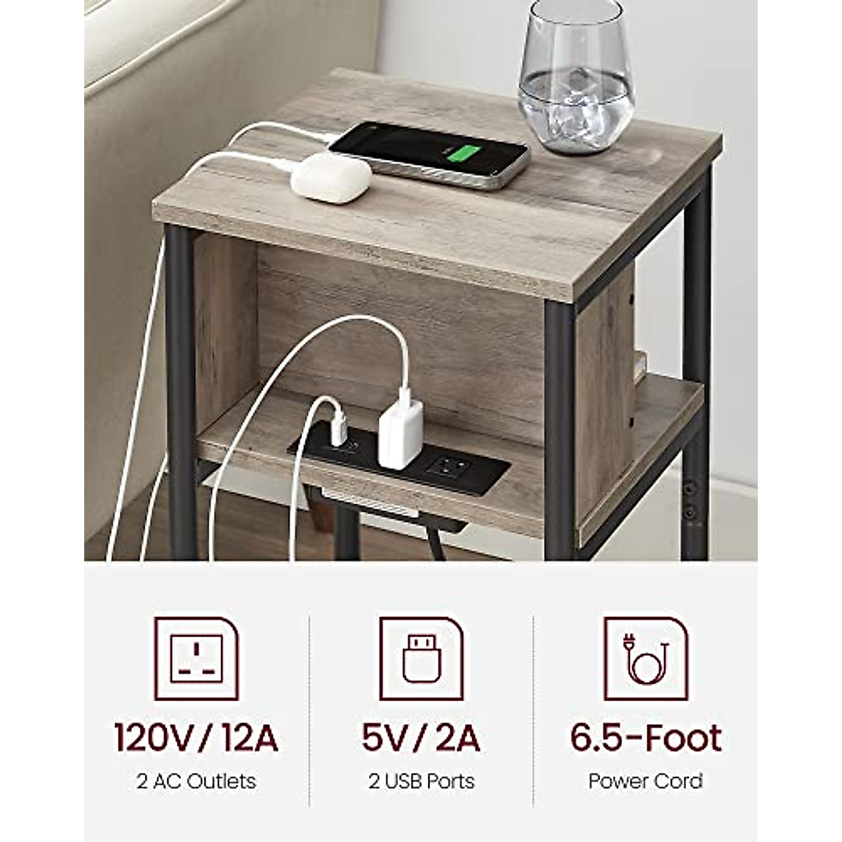 VASAGLE Side Table with Charging Station, 3-Tier End Table with USB Ports and Outlets, Nightstand for Living Room, Bedroom, 11.8 x 13.4 x 22.8 Inches, Plug-in Series, Greige and Black ULET373B02