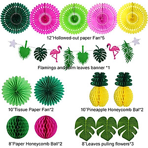 zilue Hawaiian Party Decorations, Tropical Birthday Party Supplies Flamingo and Palm Leaves Banner Tissue Paper Fan Pineapple Honeycomb Ball for Summer Luau Bachelorette Party
