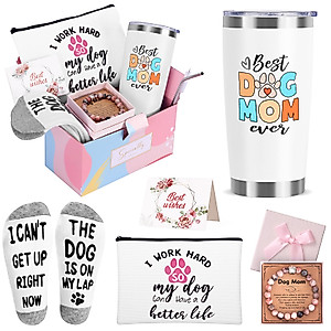 Dog Mom Gifts for Women, Dog Lover Gifts for Women, Dog Mom Mothers Day Gifts, Birthday, Christmas Gifts, 20oz Wine Tumbler Gifts Basket with Makeup Bag, Natural Stone Paw Bracelets, Socks