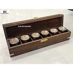Nautical-Mart Brass Tequila Shot Glass with Anchor Monogram in Handmade Wooden Box – Six Glass Set