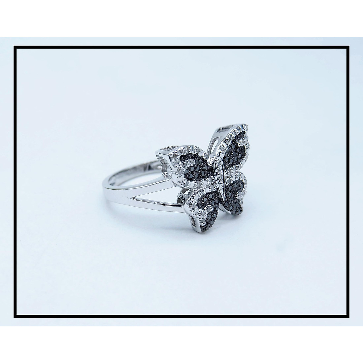 Dazzlingrock Collection 0.24 Carat (ctw) Sterling Silver Round Black & White Diamond Butterfly Right Hand Ring 1/4 CT, Size 7