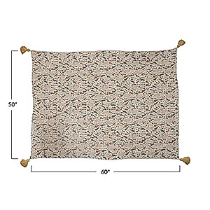 Creative Co-Op Woven Recycled Cotton Blend Printed Blanket with Neutral Floral Pattern and Tassels Throw, Multicolored