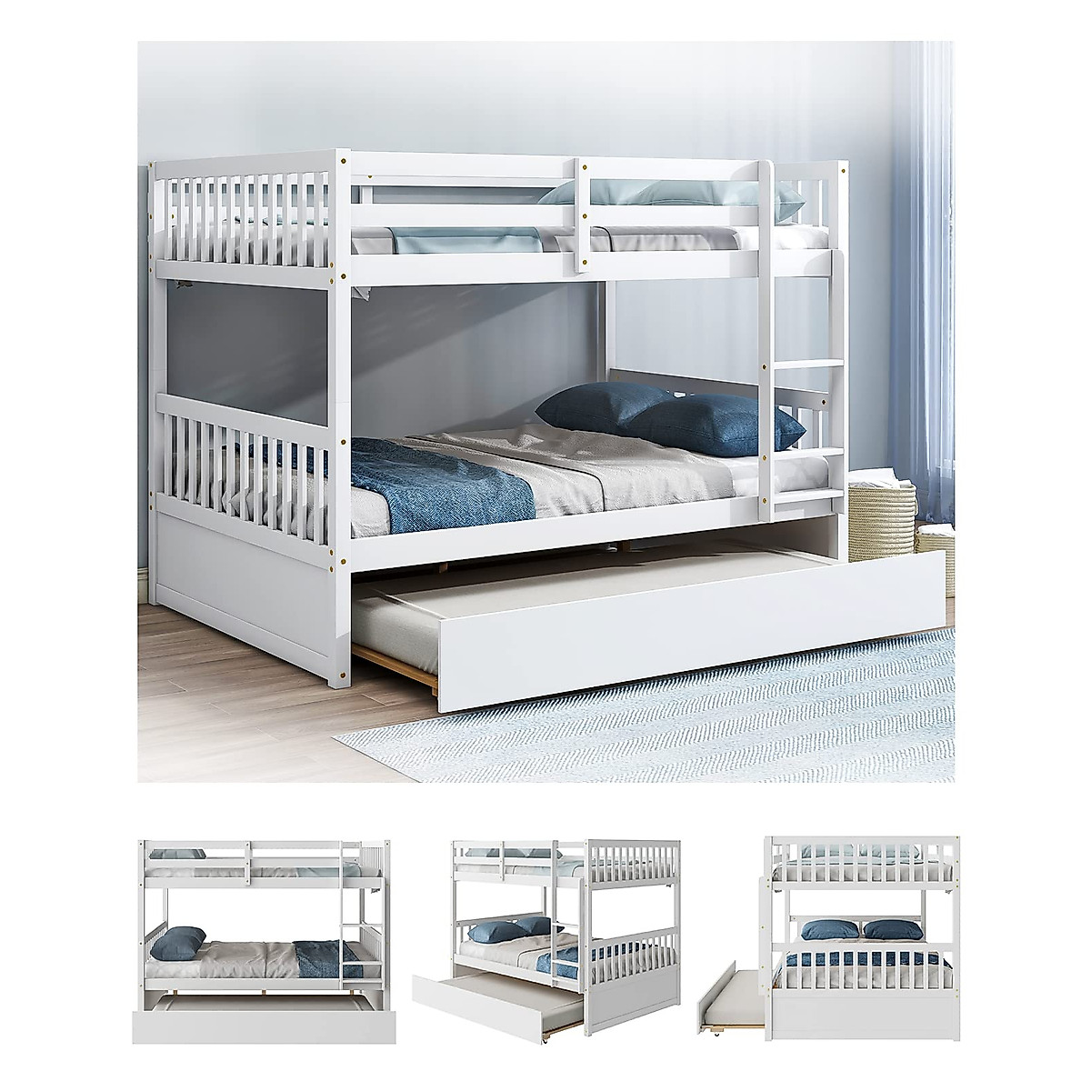 Tatub Full Over Full Bunk Bed with Trundle, Pine Wood Frame, Ladder and Guard Rails, Solid Bunk Bed with Trundle for Kids, Teens, Adults, No Box Spring Needed, Grey