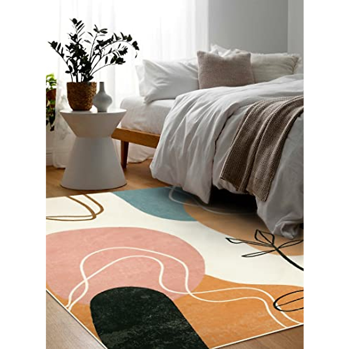 Wonnitar Boho Art Large Area Rug - Machine Washable 5x7 Rug for Living Room,Minimalist Lines Abstract Throw Mat for Bedroom,Non-Slip Mid Century Modern Aesthetic Carpet for Nursery Dining Room