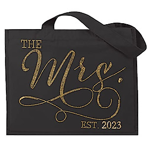 Honeymoon Gift for Bride - The Mrs. EST 2023 Black Gold Rhinestud Canvas Tote Bag - Gift for the Bride, Bridal Shower Tote(Mod 2023 GLD) BLK
