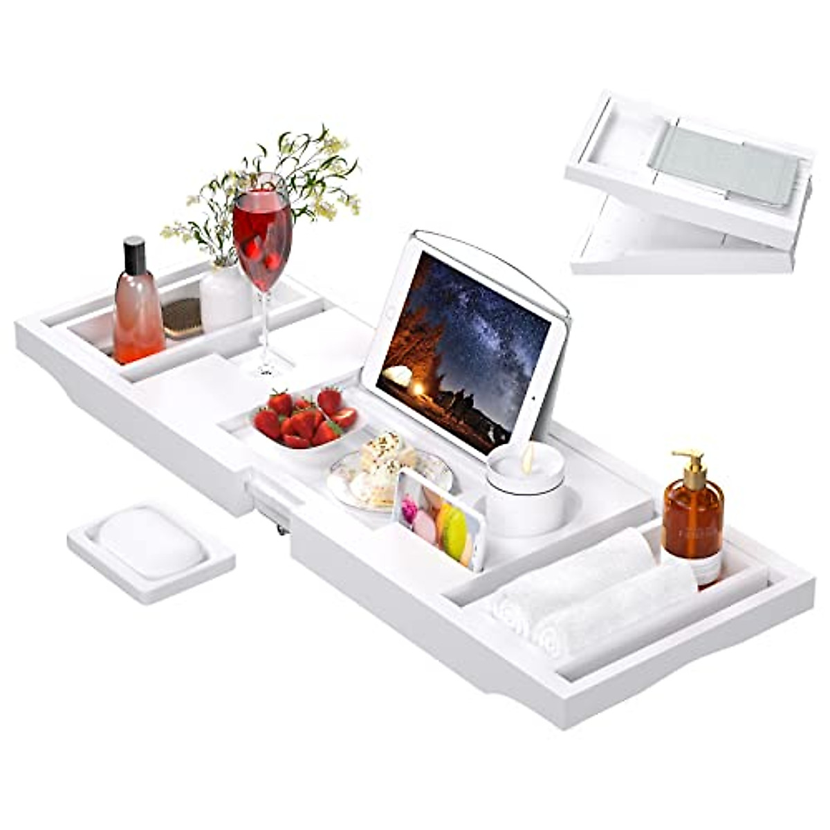 Artmalle Luxury Bathtub Caddy Tray - Bamboo Expandable Bath Tray for Tub with Book Stand, Foldable Bath Table Tray, Tub Shelf for Bathtub for Adults, Home Spa and Gift Choice, White