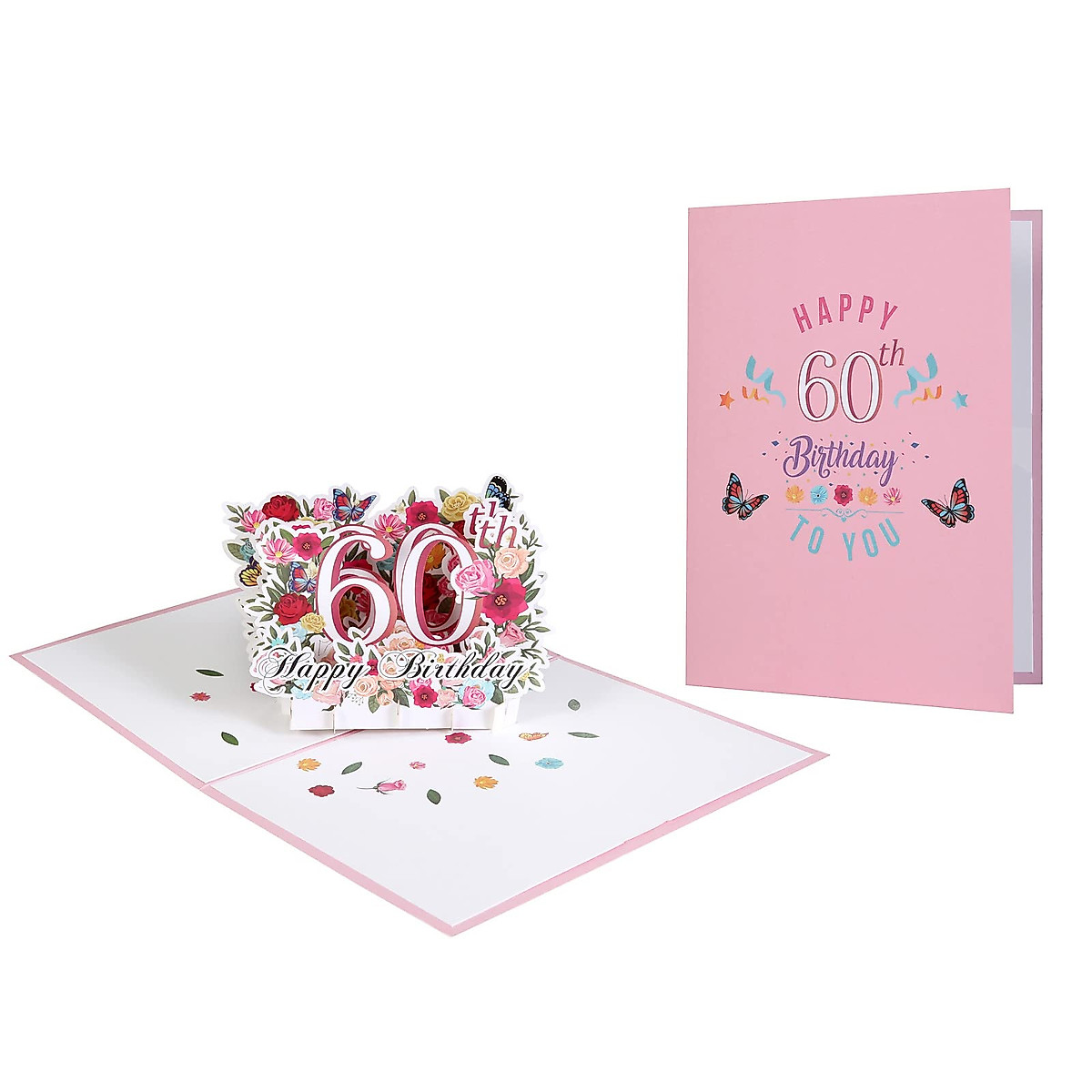 HOMANGA 60th Birthday Pop Up Card, Happy 60th Birthday Card for Her, Women, Wife, 60th Birthday Gift for Sister, Mom, Friend, Pop Up Birthday Greeting Card with Blank Note and Envelope, 6" x 8"