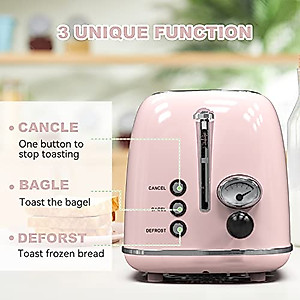 Toaster 2 slice,Retro Stainless Steel Toaster with 6 Settings, 1.5 In Extra Wide Slots, Bagel/Defrost/Cancel Function, Removable Crumb Tray (Baby pink)