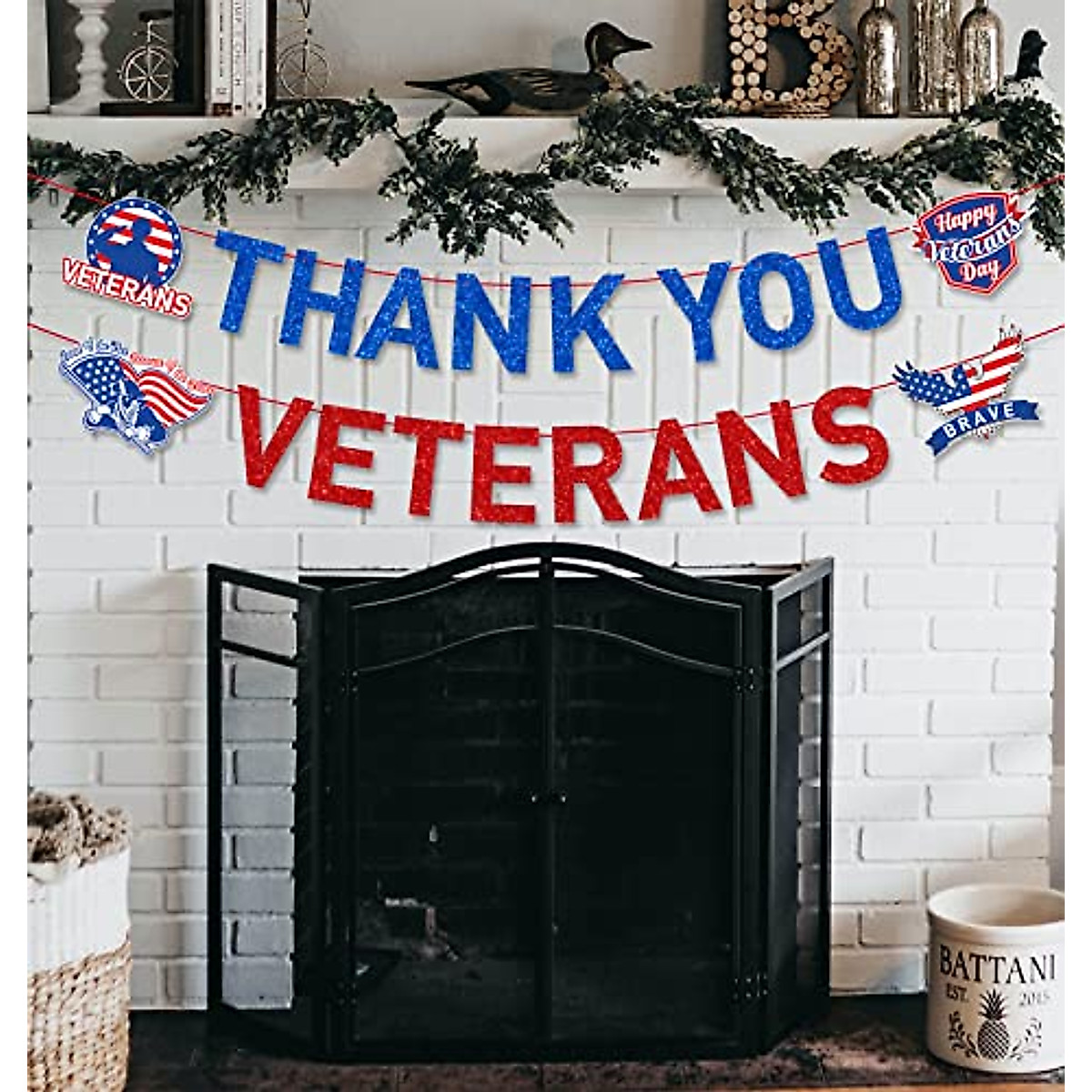 JKQ Blue Red Glitter Thank You Veterans Banner Happy Veterans Day Garland Banner Land of the Free Because of the Brave Honoring All Who Served America Patriotic Party Fireplace Mantle Wall Decorations Supplies