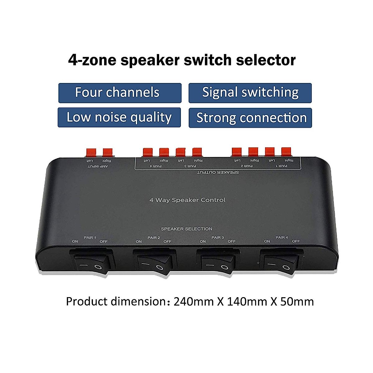 A ADWITS 4-Channel Speaker Switcher Selector Box with Terminal Claps 200W RMS Max 100W Switchable, Black