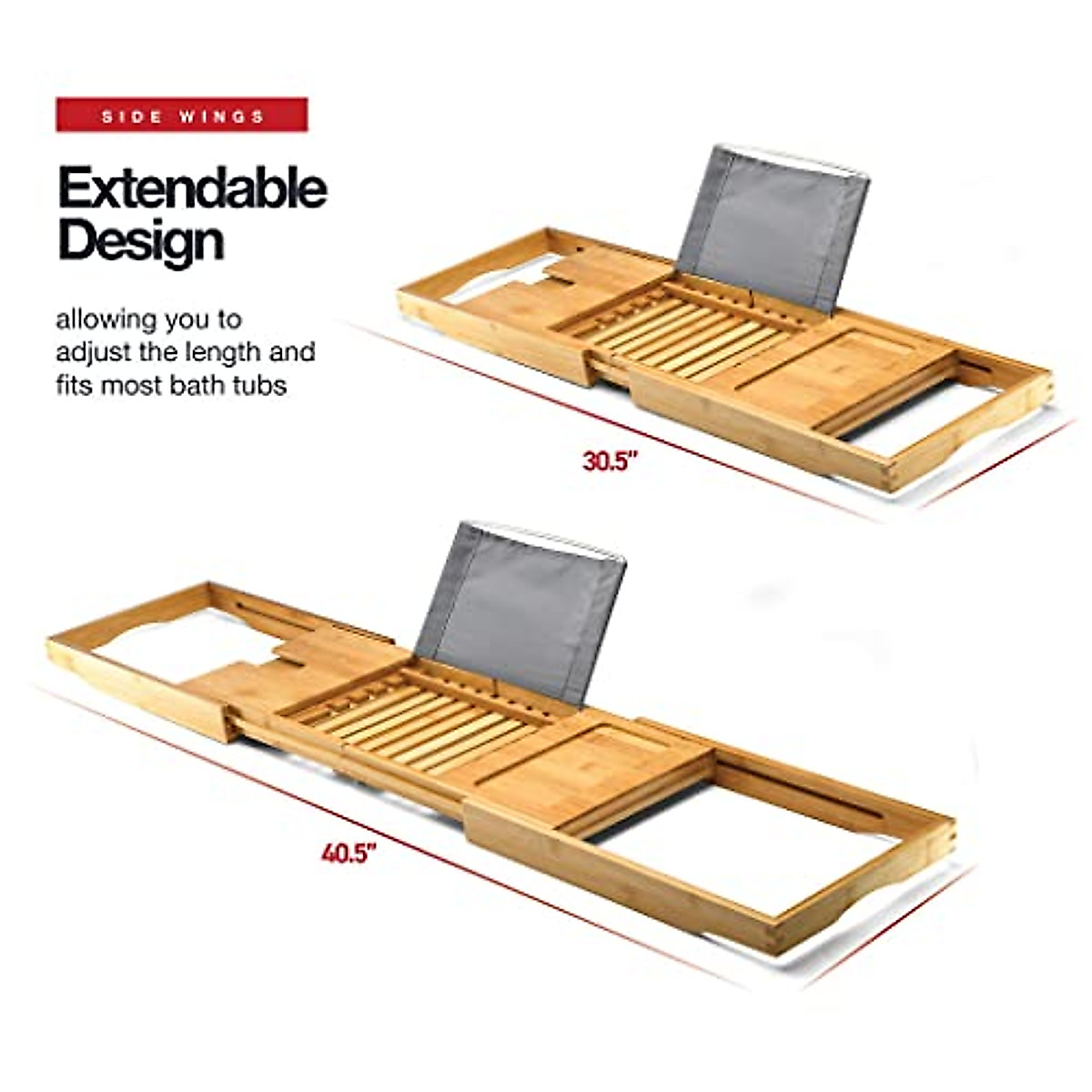 Luxury Bathtub Tray Caddy - Foldable Waterproof Bath Tray & Bath Caddy - Wooden Tub Organizer & Holder for Wine, Book, Soap, Phone Luxury Gift For Men & Women - Expandable Size, Fits Most Tubs Home It