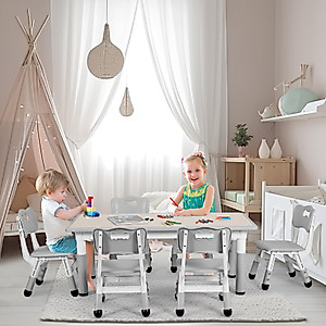 Arlopu Kids Study Table and 6 Chairs Set, Height Adjustable Graffiti Table, Preschool Activity Art Craft Table for 6, Multifunctional Toddler Table, Reading, Drawing, Eating Interaction (Gray)
