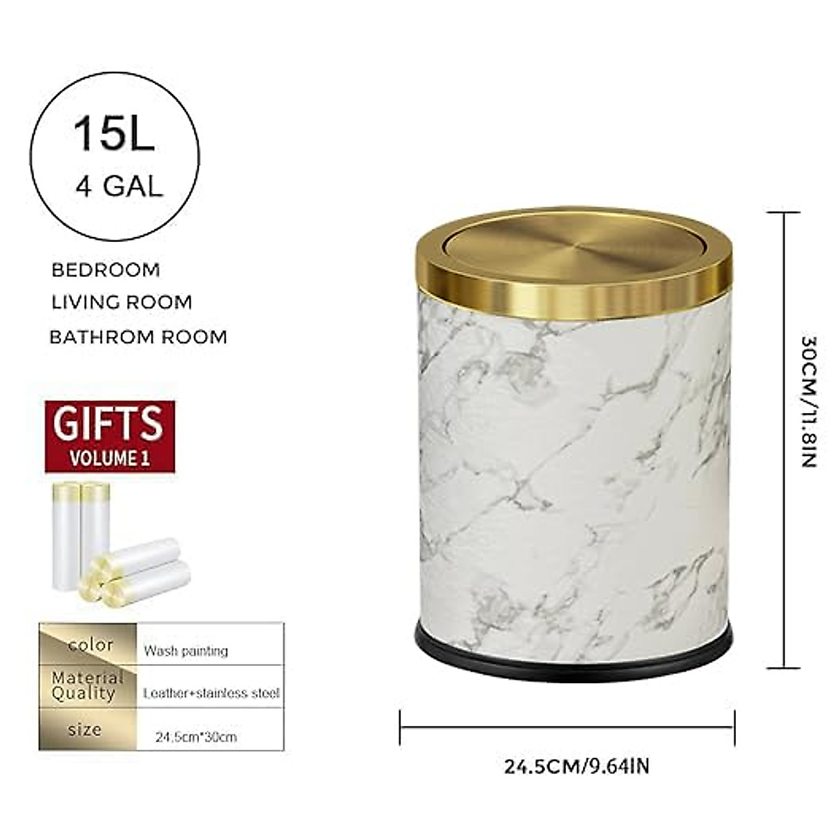 LEASYLIFE 15L4gallon,Leather Trash can,Bathroom Garbage can with lid,Trash Can with Flipping Lid,Garbage cans for Kitchen，Living Room. Metallic Gold (Marble)