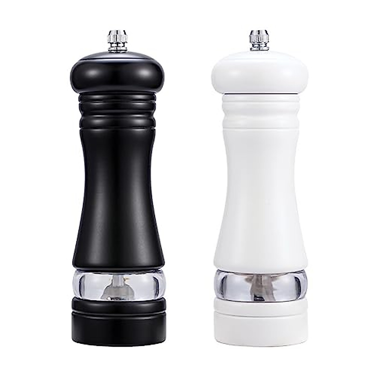 Ousyaah Salt and Pepper Grinder Set, Wooden Manual Salt & Pepper Shakers with Adjustable Coarseness Ceramic Mills, Refillable Grinder Mill Set with Acrylic Visible Window (2x White)