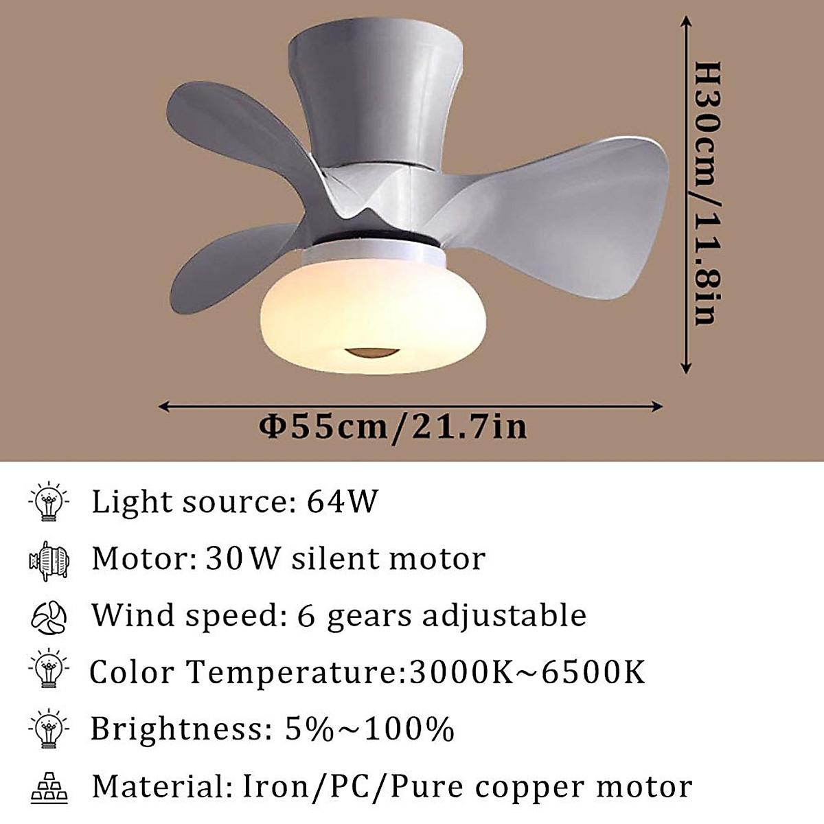 LAJUU Kids Bedroom Ceiling Fan with Light Reversible with Remote Control 6 Speeds Led Dimmable Fan Ceiling Light 64W with Timer Modern Quiet Ceiling Fan Light
