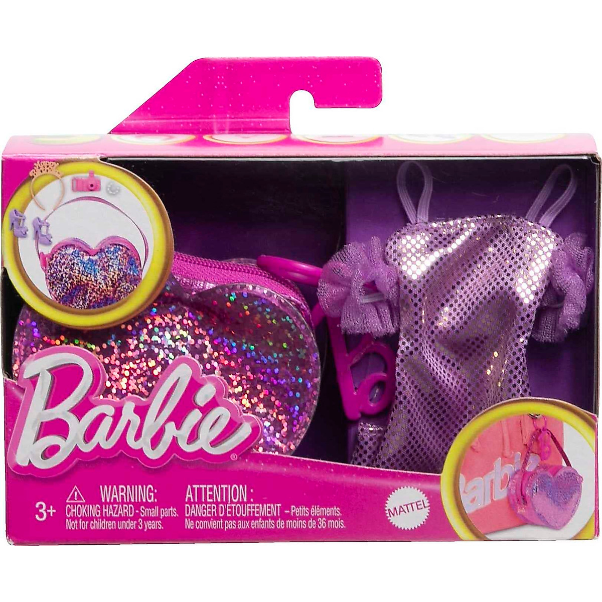 Barbie Clothes Set, Birthday-Themed with Dress, 5 Acessories & Zippered Doll-Sized Heart-Shaped Bag with Clip-On Ring