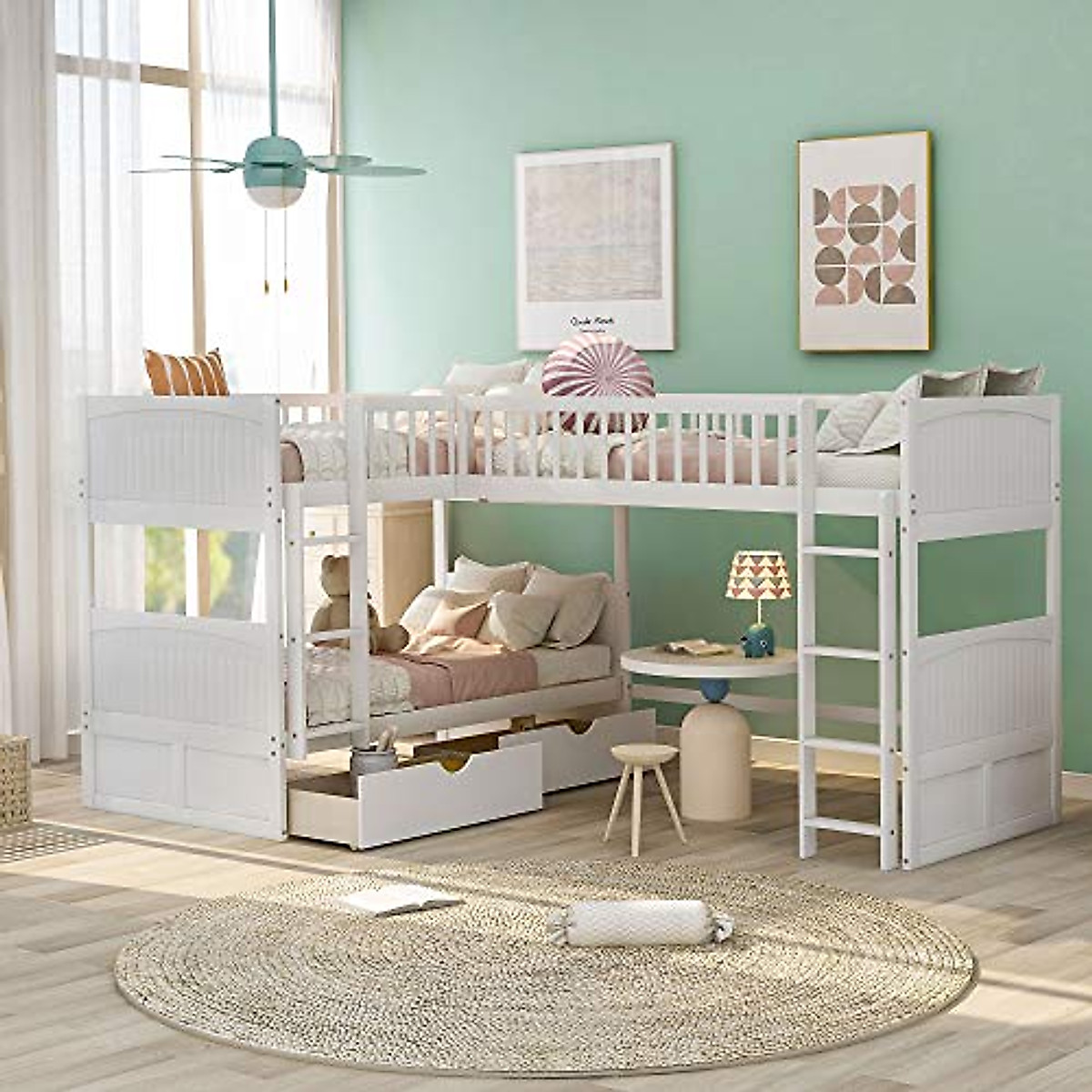 Flieks Triple Bed Twin-Over-Twin-Over-Twin Bed L Shaped Bunk Bed with 2 Drawers and 2 Ladders, No Box Spring Needed