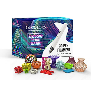 24 Colors 3D Pen Filament. Includes 20 Vibe Colors and 4 Glow in Dark Colors. 10 Feet, 1.75mm Each. PLA Kids Safe Refill