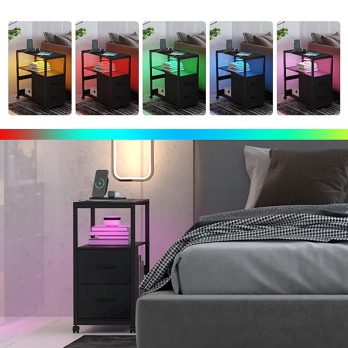 Rietolax Narrow Side Table with Charging Station, End Table with Led Light, Black Nightstand with 2 Drawers, 3-Tier Storage, Wheels and USB Ports & Outlets for Bedroom
