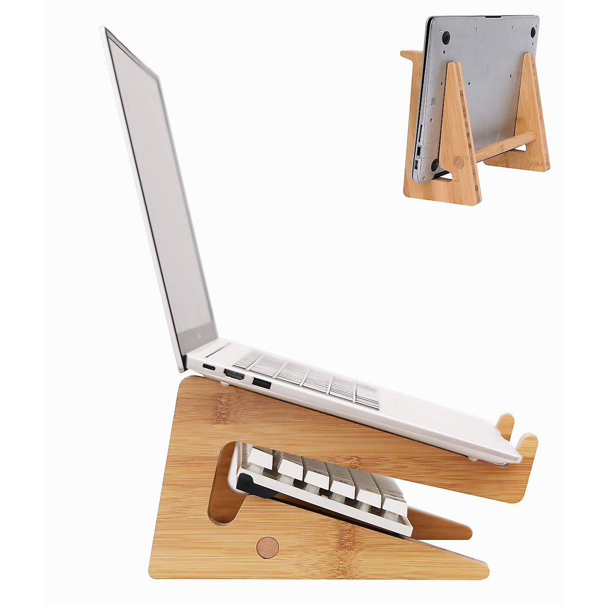 MOYUART Laptop Stand, Wooden Vertical Laptop Stand for Desk, Bamboo Laptop Stand Compatible with MacBook Air Pro/Dell XPS/Surface pro/HP/Pixelbook/Lenovo, More Laptops 11-15inch