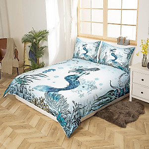 Feelyou Mermaid Bedding Set King Size Ocean Life Sea Animal Comforter Cover Set for Kids Boys Girls Children Princess Decor Bedding Duvet Cover Set Room Decor Fish Scales Bedspread Cover 3Pcs