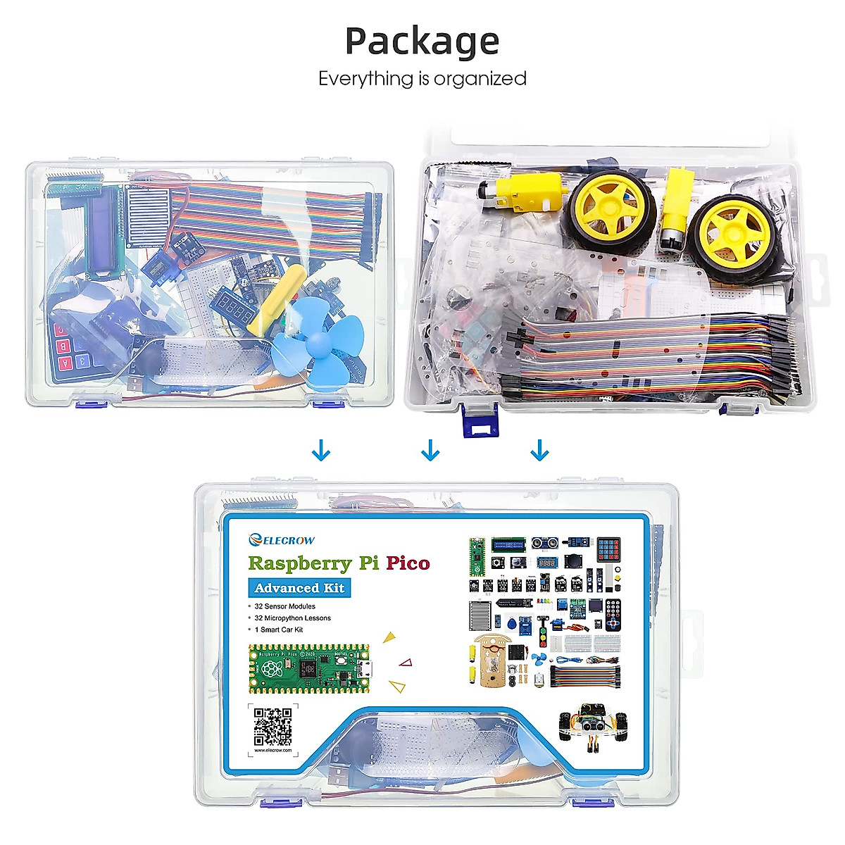 Kits for Raspberry Pi Pico, ELECROW Sensor Advanced Kit for Programming, Pi Pico Micropython 32 Projects Lessons and 32 Modules with Detailed Tutorial for Programmer