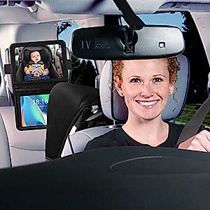 Baby Car Mirror with Touchable Tablet Holder, Adjustable Backseat Mirror for Rear Facing Infant Newborn with Wide and Bright View, Fully Assembled, Stable and Shatterproof for Toddler, Kids