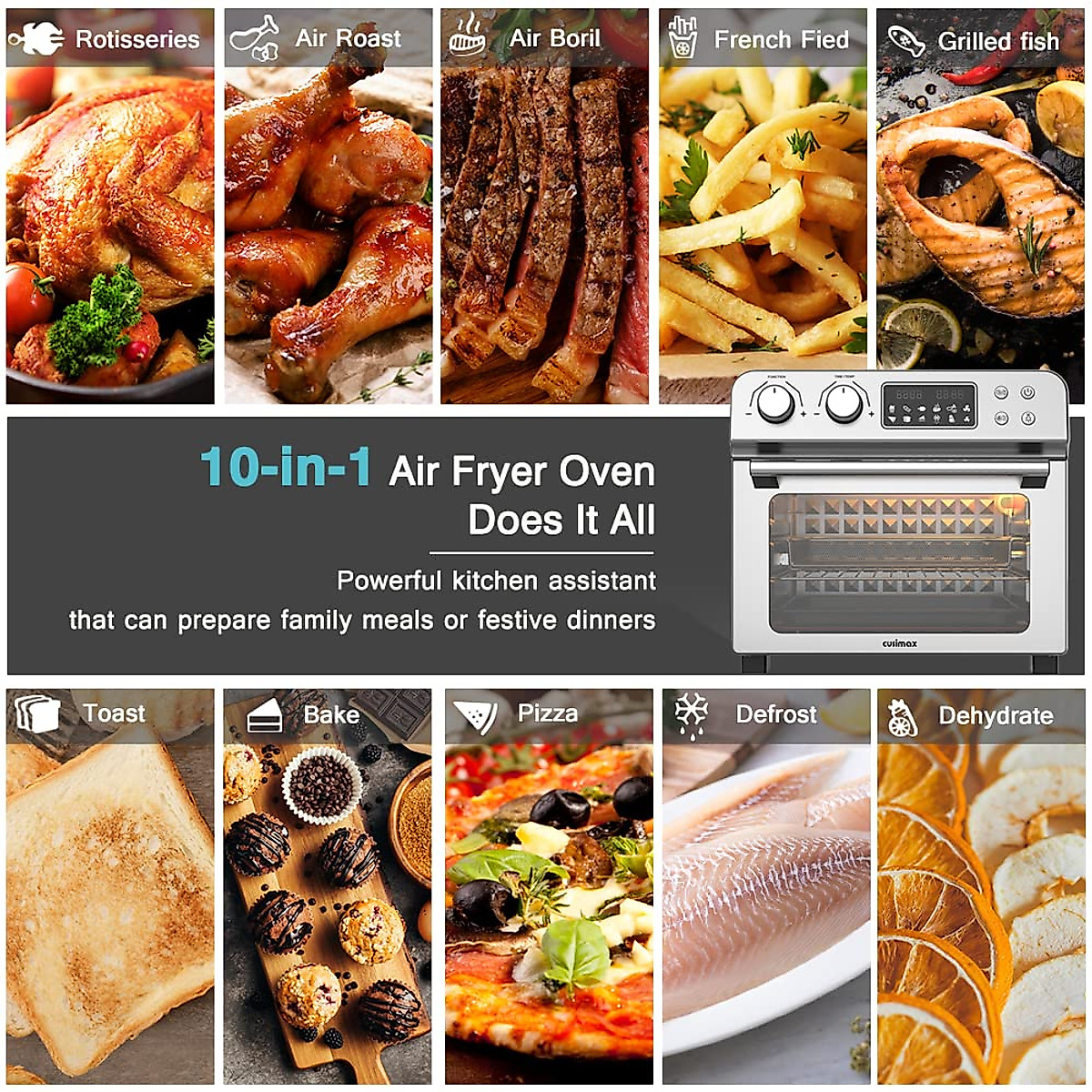 10-in-1 Convection Oven, CUSIMAX 24 Quart Large Air Fryer Toaster Oven, Countertop Oven with Rotisserie and Dehydrator, 6 Accessories & Recipes, Digital Controls, 1700W