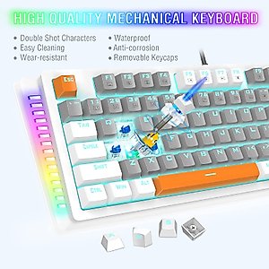 Mechanical Gaming Keyboard, Wired Mechanical Keyboard with Red Switches, 87 Keys Gaming Keyboard with Solid Color Backlit & RGB LED Sidelight for Windows Mac PC Gaming (Color : Blue Switches)