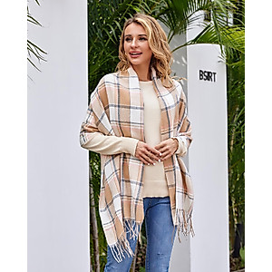 Fuinloth Women's Large Plaid Scarf Fashion Long Shawl Wrap for Winter Warm Lightweight Brown Pink