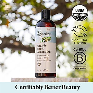Sky Organics - Organic Sweet Almond Oil, 16 fl oz - Soft & Soothe Oil - Skin Moisturizer - Silky, Lightweight Texture - 100% Pure - Non-Greasy - Natural, Vegan, & Cruelty Free - Beauty & Self Care