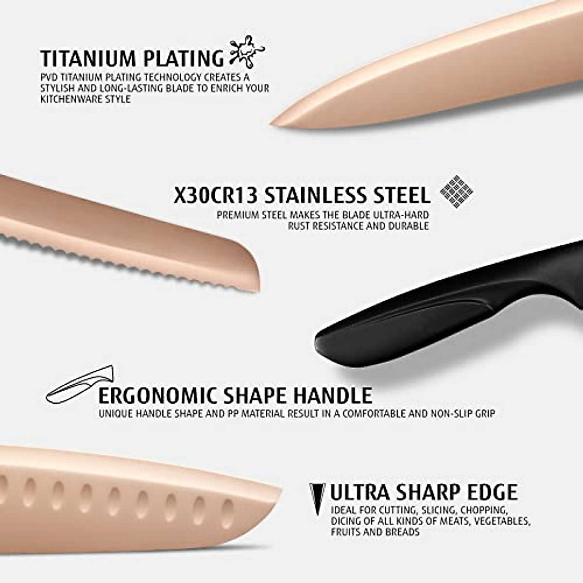 hecef 25 PCS Rose Gold Titanium Plated Kitchen Knife Set with Block and Cutting Mats, Cutlery Knife Set with Sharp Serrated Steak Knives, Boning Knife, Scissors, Sharpener, Peeler and Acrylic Stand